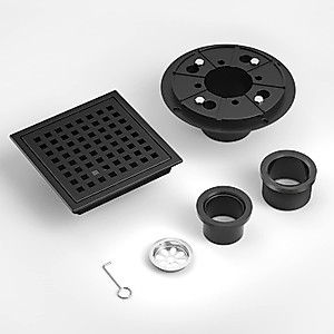 Bmvlffs Square Shower Floor Drain, Bmvlffs 6 Inch Matte Black, Brushed SUS 304 Stainless Steel with Removable Quadrato Patten Grate, Flange Includes Hair Strainer