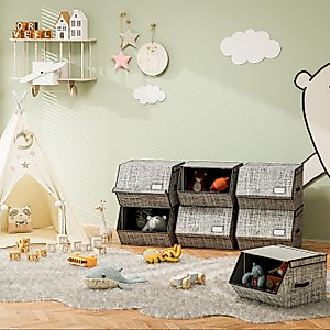DOVAMY Stackable Storage Bins, Storage Drawers, 3 Drawer Storage Organizer, Storage Bin with Lid, Toy Box, Sock Storage, Fabric Shoes Storage Box, 15”L x 13.8”W x 9.8”H, Light Gray BTM0302