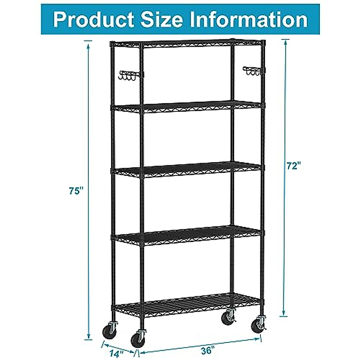 5 Tier Wire Shelving with Wheels,Ecoyomi Metal Shelves for Storage Heavy Duty,Garage Shelving,Shelving Units and Storage,Metal Shelf for Restaurant Garage Pantry Kitchen Garage Rack(14D x 36W x 75H)