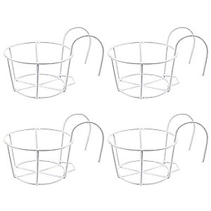 4 Pack Round Hanging Railing Planters, Flower Pot Holders Metal Pot Plant Basket, Shelf containers for Indoor and Outdoor use (White)