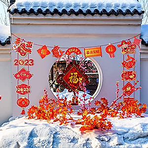 22 Pieces Chinese New Year Decorations Set Includes 2023 Chinese New Year Banner Year of The Rabbit Porch Sign Red Gold Hanging Wall Decor and 20 Pieces Fu Character Window Stickers for 2023 Party