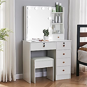 Makeup Vanity Set with Mirror & Lights, 5 Storage Drawer & Stool, 3 Lighting Modes Adjustable Brightness, Bedroom Dressing Table for Women Girls, White (Modern Vanity W-4)