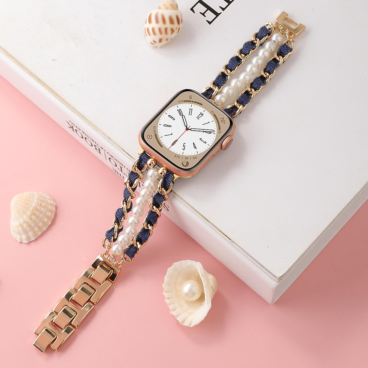 REALSIGN Pearl Beaded Bracelet Compatible with Apple Watch Band 42/44/45/46/49mm,Stylish Wristband Metal Cuban Chain Denim Cloth Cute Strap for iWatch Series 10 9 8 7 6 5 4 3 2 1 SE Ultra Women(42/44/45MM,Gold+Denim Blue)