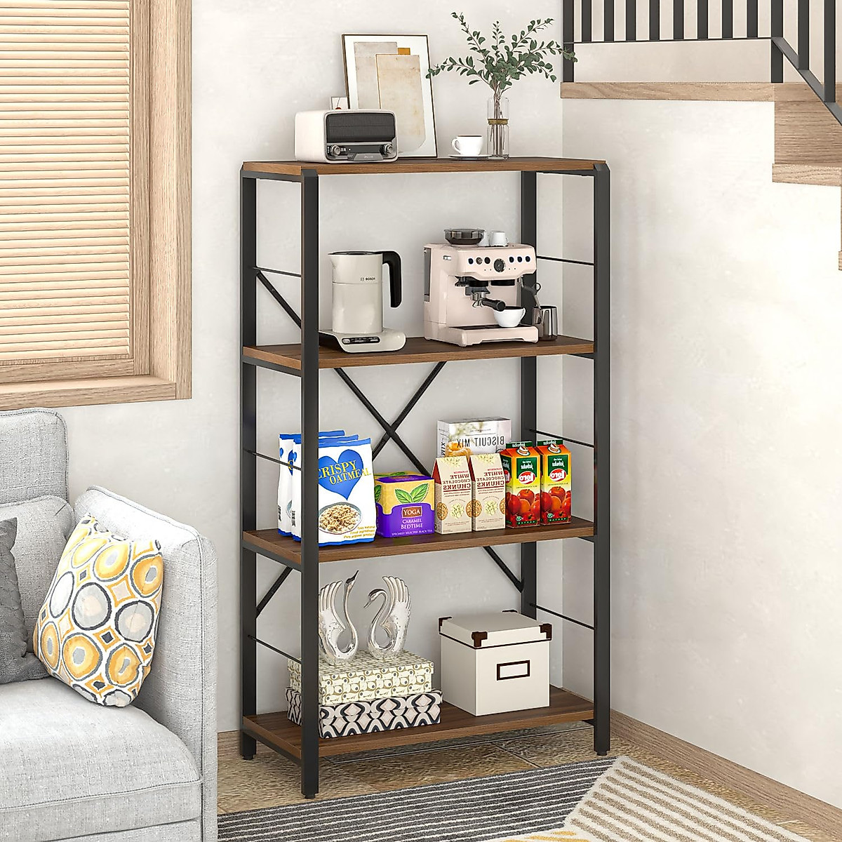 FOLUBAN Modern Bookshelf, 4 Tier Open Display Storage Book Shelf Organizer, Industrial Metal and Wood Bookshelves and Bookcases for Living Room Bedroom Office, Rustic Walnut