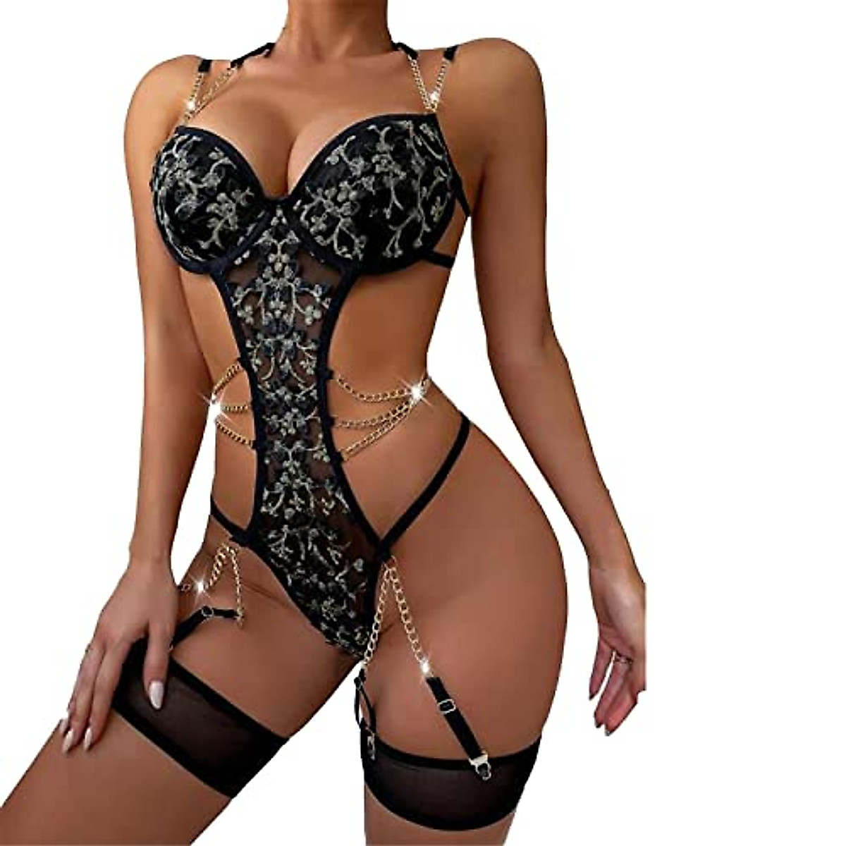 LQWY Sexy Garter Lingerie Set for Women Floral Lace Mesh Chain Babydoll Underwire Bra and Panty Sets
