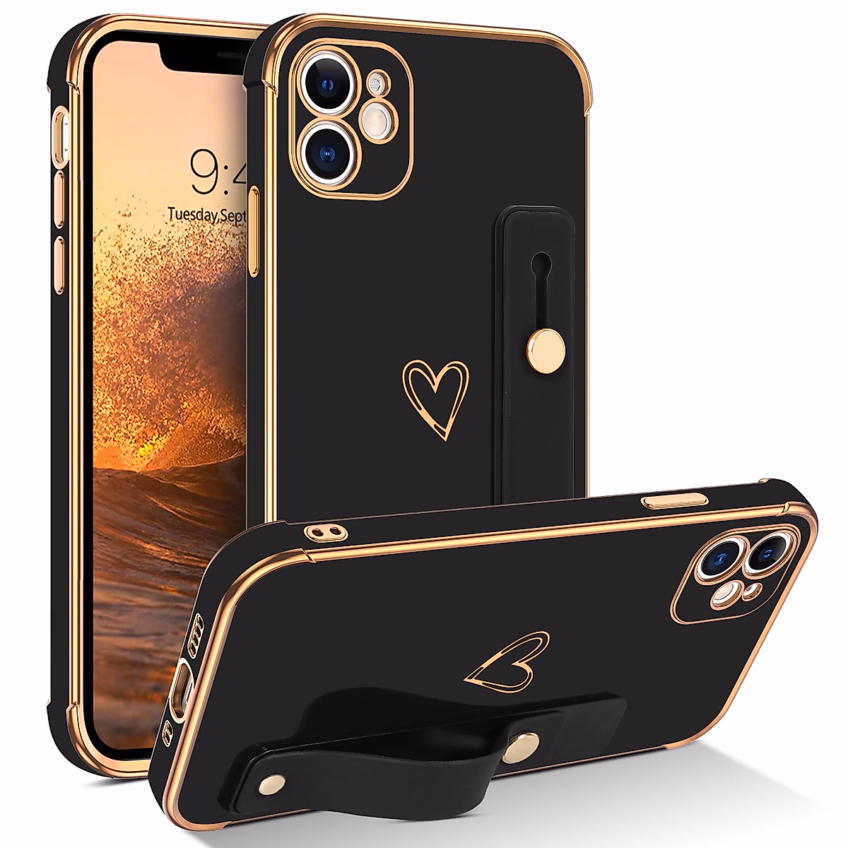 BENTOBEN for iPhone 12 Mini Case, Cute Heart Adjustable Strap Wristband Kickstand Holder Shockproof Protective Soft TPU Luxury Plating Raised Trim Girls Women Phone Case for iPhone 12 Mini, Black