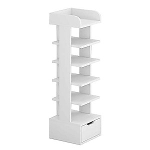 Waktavel Shoe Rack Organizer, Wooden 5 Tiers Vertical Shoe Rack with Drawer and Open Top, Space Saving Small Shoe Storage Stand for Entryway Hallway Bedroom (White Shoe Rack 5 Tier)