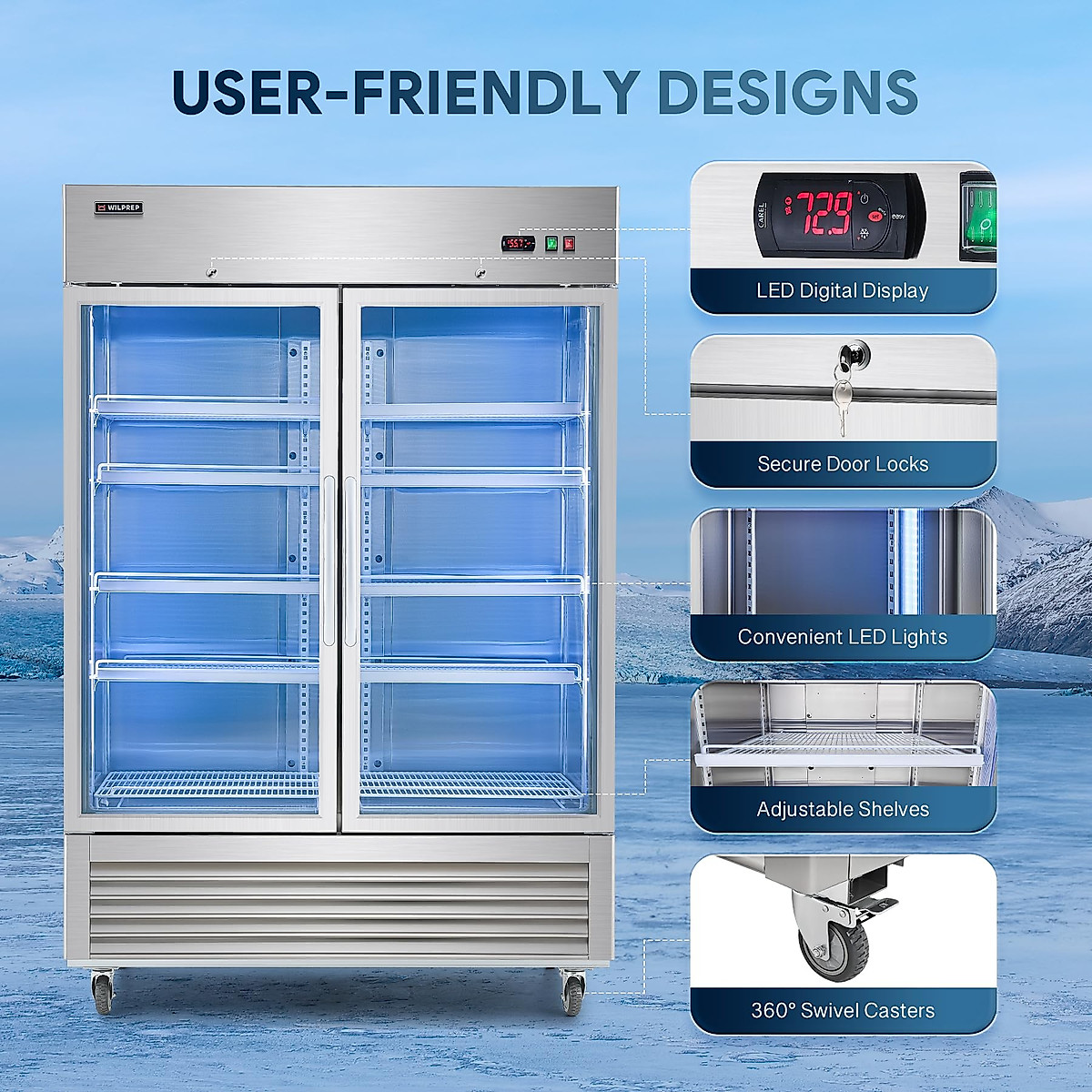 Wilprep Commercial Refrigerator, 54" 2 Glass Door Display Refrigerator with 42.2 cu. ft. Capacity, Reach in Merchandise Fridge Stainless Steel Beverage Cooler with Adjustable Shelves for Restaurant