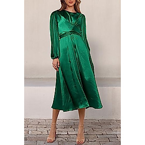 PRETTYGARDEN Women's Fall Fashion 2023 Long Sleeve Satin Dress Tie Back Casual Flowy Midi Dresses (Dark Green,Medium)