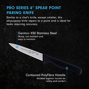 Messermeister Pro Series 4” Spear Point Paring Knife - German X50 Stainless Steel & NSF-Approved PolyFibre Handle - 15-Degree Edge, Rust Resistant & Easy to Maintain - Made in Portugal