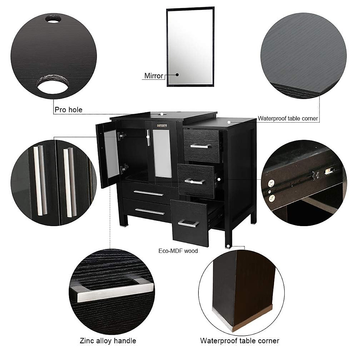 eclife 48" Bathroom Vanity Sink Combo Black W/Side Cabinets Set Gold Boat Tempered Glass Vessel Sink & ORB Water Save Faucet & Solid Brass Pop Up Drain, W/Mirror (A29G B02)