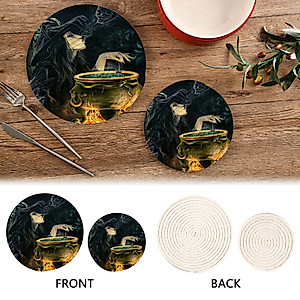 Halloween Witches Pot Holders Set Trivets Set 2 PCS Heat Resistant Round Coasters Cotton Thread Weave Hot Pads for Hot Dishes Pans Pot Bowl