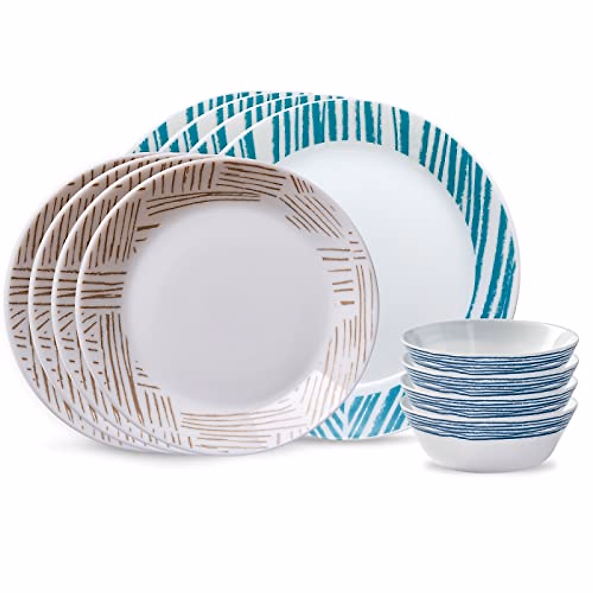 Corelle Everyday Expressions 12-Pc Dinnerware Set, Service for 4, Durable and Eco-Friendly, Higher Rim Glass Plate & Bowl Set, Microwave and Dishwasher Safe, Geometrica