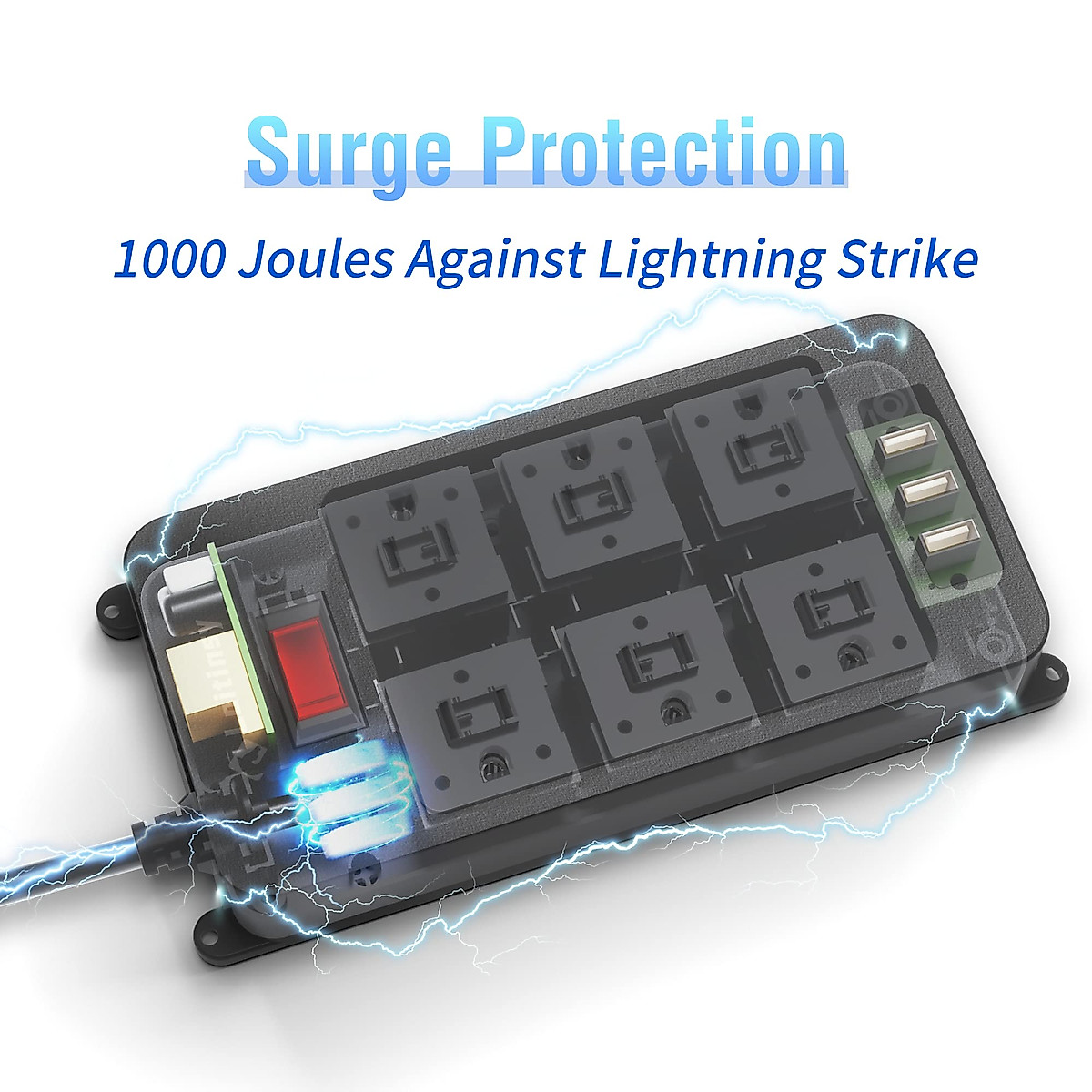 Outdoor Power Strip Weatherproof, 6 Outlets Waterproof Surge Protector with 3 USB Ports, 6 FT Extension Cord, Shockproof Overload Protection, Wall Mountable for Home Office Patio Porch (Black)