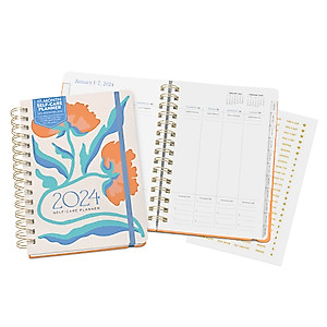 Orange Circle Studio 2024 Self Care Planner, Gratitude Journal, Spiral Notebook with Wellness Tracker, 17-Month Wire-O Bound Calendar Book, Monthly and Weekly Spread Views, Floral Flow