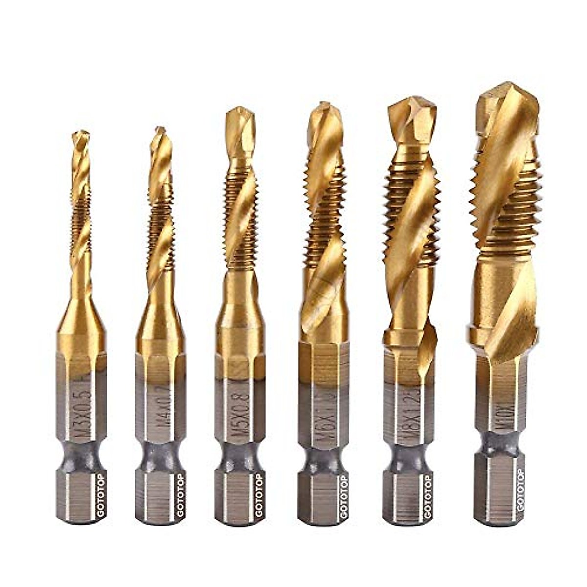 6Pcs M3 M4 M5 M6 M8 M10 Coated HSS Spiral Flute Metric Taps Set Metric Thread Tap Drill and Tap Bits 1/4" Hex Shank Screw Taps Tool Set