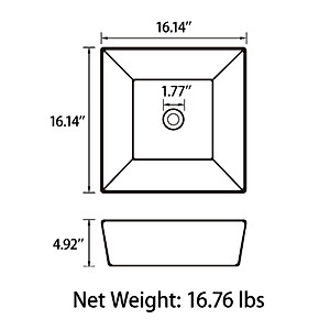Sinber 16" x 16" x 4.92" White Square Ceramic Countertop Bathroom Vanity Vessel Sink BVS1616A-OK