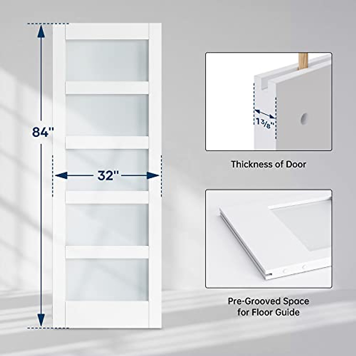 Finosen 32 in x 84 in Sliding Closet Door, 5-Lite Frosted Glass, LVL Wood Panel, PVC Surface, Assembly Needed Interior Doors for Bathroom, Living Room, White