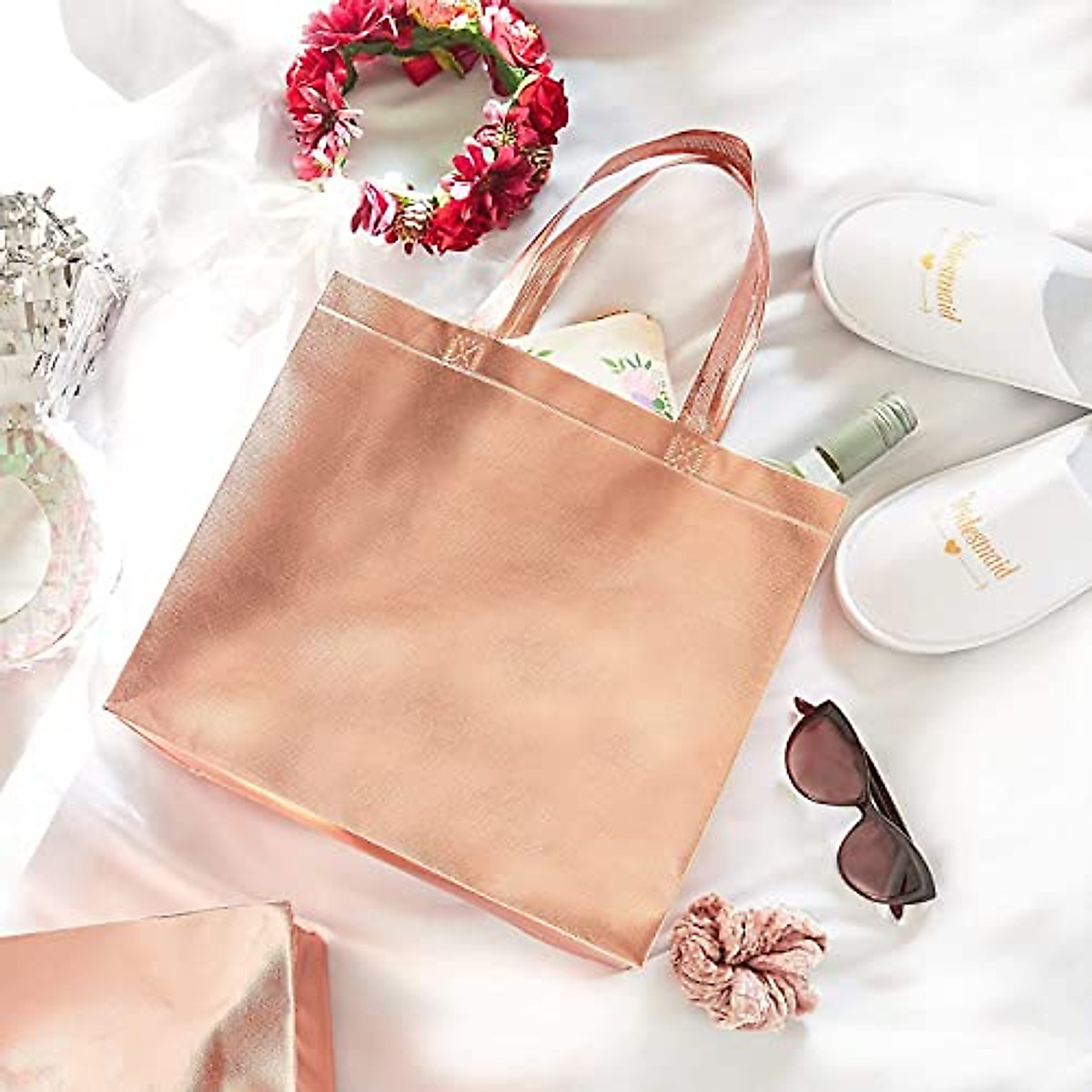 Juvale 24 Pack Holographic Rose Gold Reusable Grocery Bags with Handles for Shopping Boutiques, Birthdays (13.8 x 11.8 x 4.72 In)