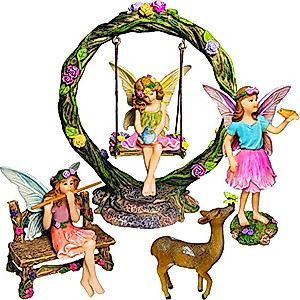 Mood Lab Fairy Garden Kit - Swing Set of 6 pcs Miniature Figurines & Accessories - Hand Painted for Outdoor or House Decor