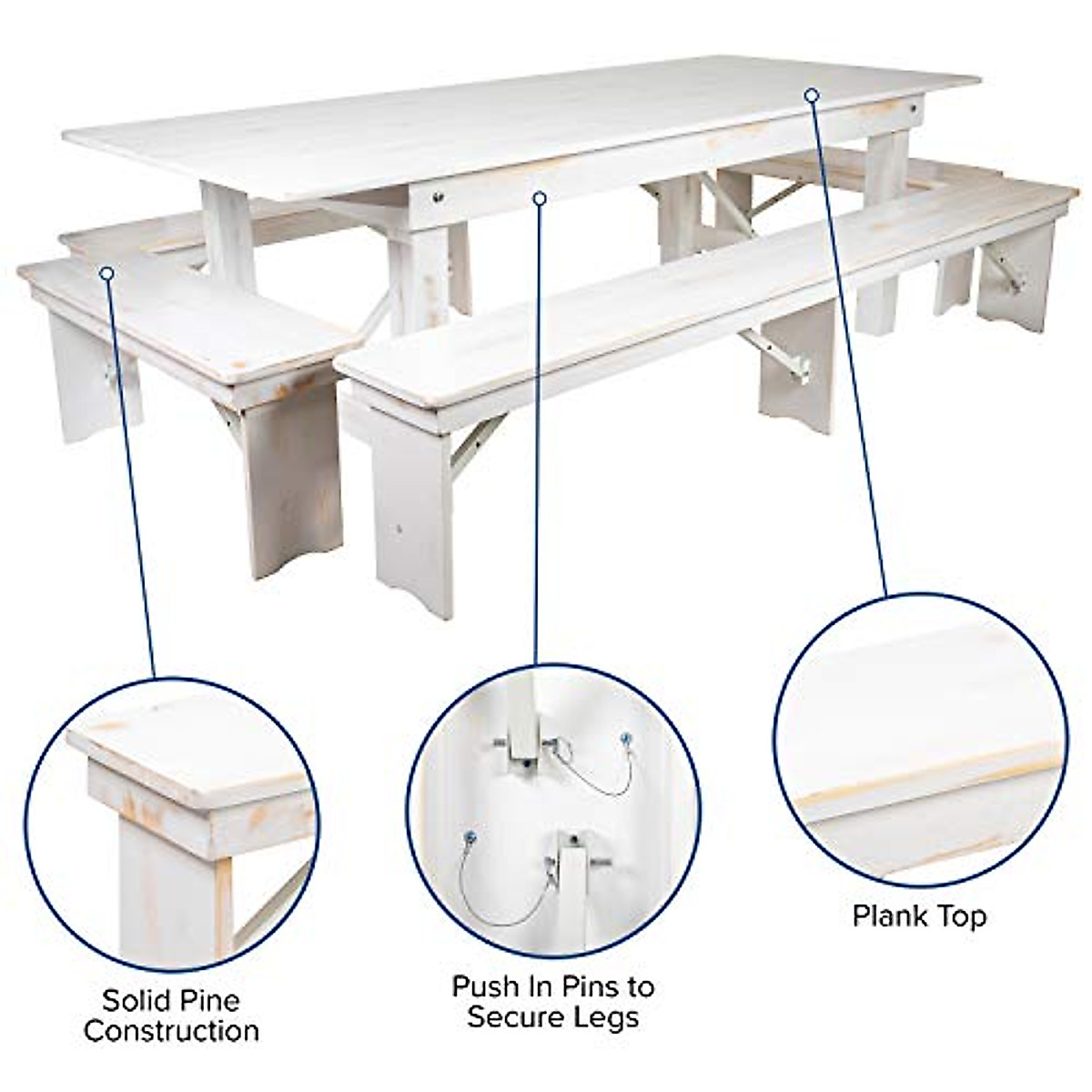 Flash Furniture HERCULES Series 8' x 40" Antique Rustic White Folding Farm Table and Four Bench Set