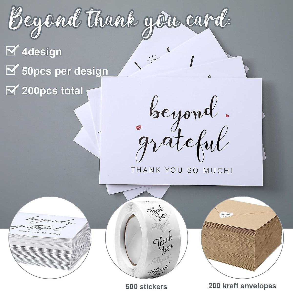 Yeaqee 200 Pack Beyond Grateful Thank You Cards Bulk Thank You Cards with Envelopes and 500 Pcs Matching Stickers 4 x 6 Thank You Cards for Baby Shower Wedding Bridal Shower Business Gratitude Gift