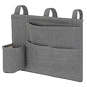 mDesign Cotton Canvas Bedside Hanging Storage Organizer Caddy for Dorm, Bedroom Bed Frame - 4 Pockets, 3 Loops - Holds Phone, Remote Control, Magazines, Bottle Drinks - Crane Collection -Charcoal Gray