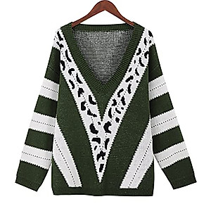 FASHIONMIA Woman Color Block Striped V Neck Sweater Long Sleeve Knit Pullover Jumper Tops Long Sleeve Deep V Neck Hand Knit Striped Sweater Tops Loose Pullover Sweaters
