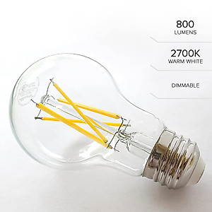 Maxxima Clear A19 LED Filament Light Bulb - 800 Lumens, Dimmable Edison Style, 60 Watt Equivalent, 8.5 Watt LED, 2700K Soft White, Vintage Style Bulb, Ideal for Home, Restaurant, Bar - 6 Pack