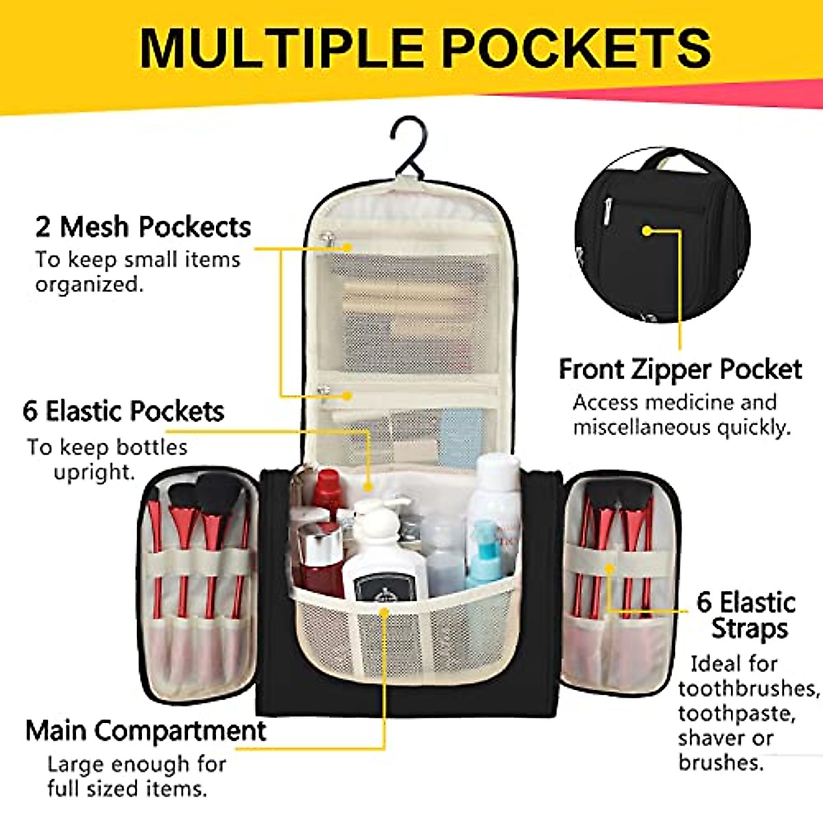 OMYSTYLE Hanging Travel Toiletry Bag for Women and Men, Hygiene Bag, Womens Bathroom and Shower Kit Organizer for Toiletries Cosmetic Makeup Shampoo Brushes (Black, Medium Size)