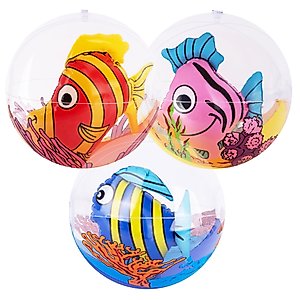 ArtCreativity 3D Fish Beach Balls for Kids, Set of 3, Clear Balls with Colorful Fish Inside, Inflatable Swimming Pool Toys and Aquatic Party Decorations, Underwater Party Supplies and Favors