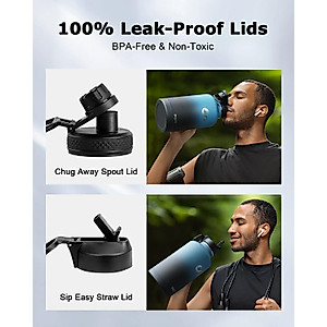 64oz Water Bottle Insulated with Straw & 2 Lids, INSPI Double Wall Vacuum Stainless Steel Metal Large Jug with Handle, Wide Mouth Flask Mug with Carry Pouch, Keep Cold Hot for Travel, Indigo Black