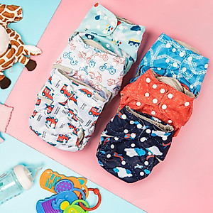 Simple Being Reusable Cloth Diapers, One Size Adjustable, Washable Soft Absorbent, Waterproof Cover, Eco-Friendly Unisex Baby Girl Boy, six 4-Layers Microfiber Inserts (Planes/Trains)