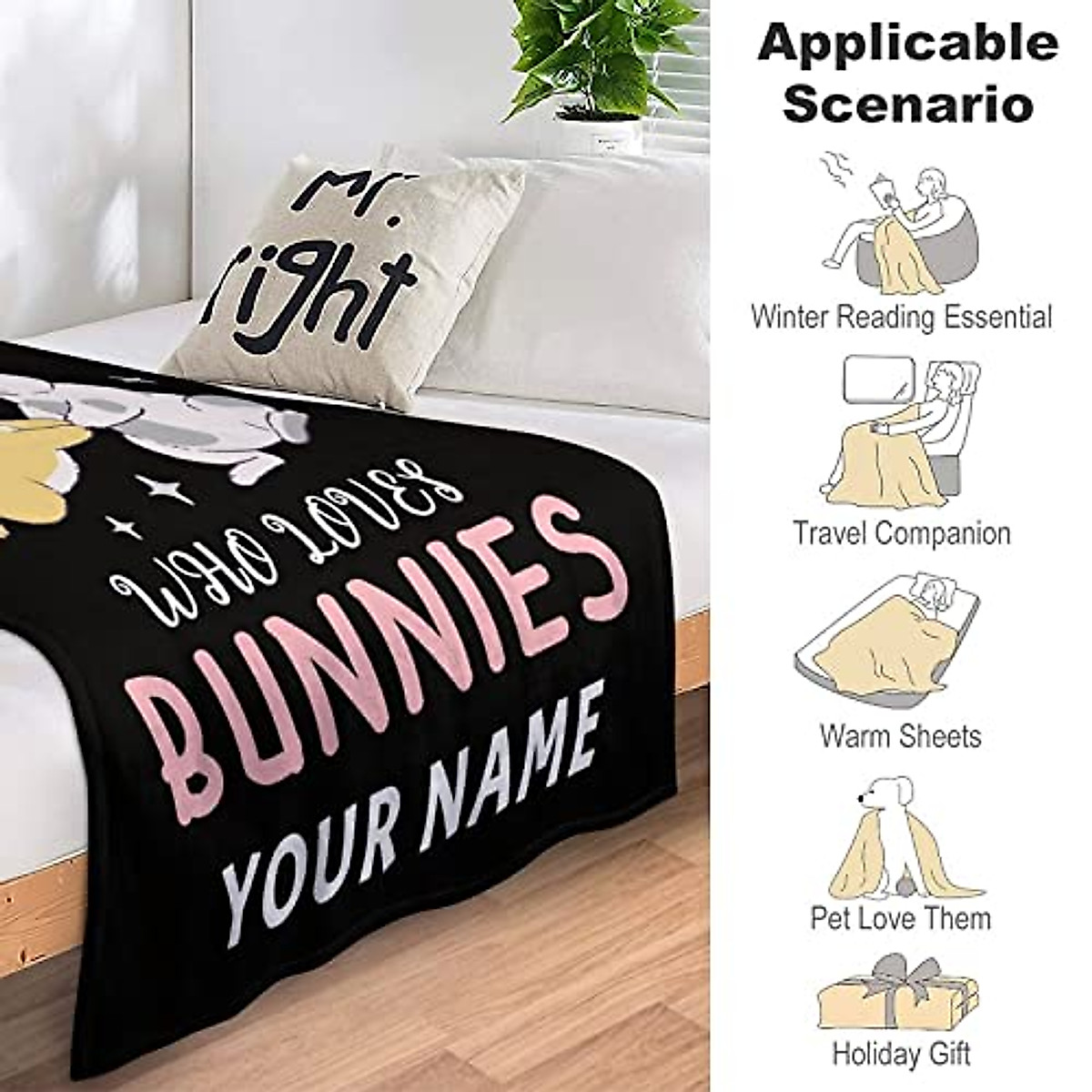 Custom Bunny Blanket Gifts for Girls Boys Teens, 40"*50" Cute Rabbit Flannel Lightweight Fleece Soft Cozy Throws, Bed Blanket for Couch Sofa Living Room