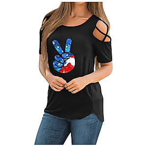 Women's Off-Shoulder Short-Sleeved T-Shirt American Flag Print Round Neck Basic Tee Casual Loose Independence Day Top (Black, L)