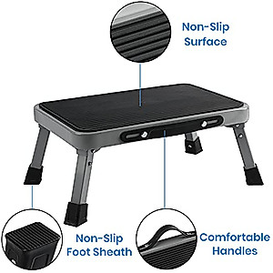 TreeLen 1-Step 330lbs Capacity Folding Metal Step Stool, Portable Step Ladder, Non-Slip, Sturdy