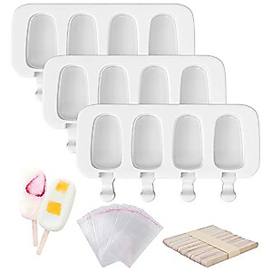 Popsicle Molds Set of 3, 12 Cavities Silicone Popsicle Molds & Ice Cake Pop Mold Maker Oval with 50 Wooden Sticks & 50 Self-adhesive Bags for DIY Cake and Ice Cream