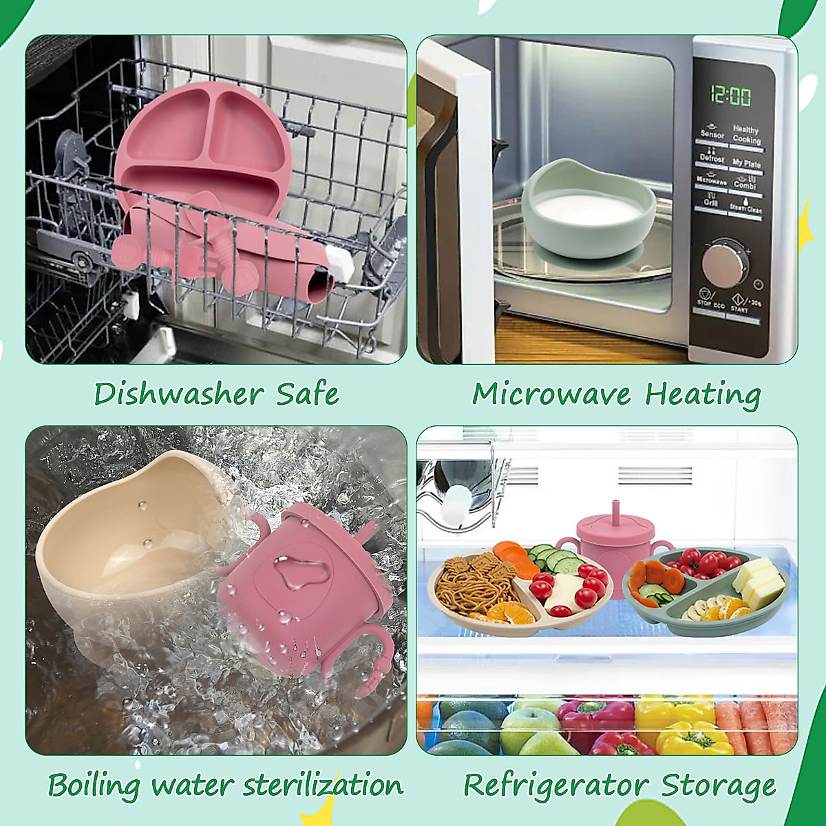 Silicone Baby Feeding Set, 18PCS Baby Led Weaning Supplies, Includes Baby Suction Bowls and Plates, Silicone Baby Bibs, Silicone Baby Cup, Silicone Baby Spoons and Forks (Beige & Olive-green)