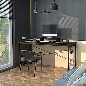 OTK Computer Desk 55" with Movable Monitor Shelf Riser, Sturdy Home Office Desk, Writing Desk, Gaming Desk with Headphone Hook, Computer Work Station, Work Table, Black