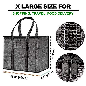 VENO 2 Pack Large Insulated Reusable Grocery Bag w/ Cardboard Bottom, Food Delivery, Heavy Duty, Collapsible (BLK Windowpane)