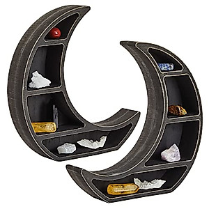 Farmlyn Creek 2 Pack Wooden Moon Shelf, Rustic Wall Home Decor, Crystal Holder for Stones Display and Essential Oils (10 x 10 x 2 in)