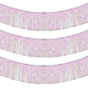 Blukey 10 Feet by 15 Inch Iridescent White Foil Fringe Garland - Pack of 3 | Metallic Tinsel Banner | Ideal for Parade Floats, Bridal Shower, Wedding, Birthday, Christmas | Wall Hanging Drapes