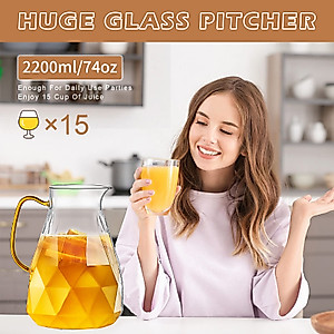 Yirilan Glass Pitcher,74oz/2.2 Liter Water Pitcher with Lid,Beverage Serveware,Iced Tea Pitcher,Water Carafe with Handle,Heat Resistant Borosilicate Water Glass Jug（with Mixing Spoon and Cup Brush）