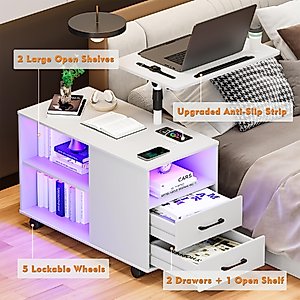 Gurexl 360° LED Nightstand with Wireless Charging Station, Movable Adjustable Bedside Table with Laptop Tray, Auto Sensor Night Stand with 24 Color Dimmable