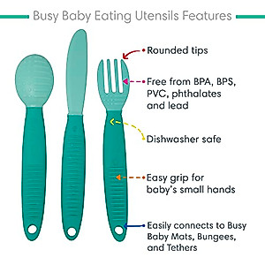 BUSY BABY Eating Utensils for Babies & Toddlers | Fork, Spoon, & Knife | Food-Grade Silicone & Tritan Plastic | Dishwasher Safe, BPA Free (Pewter)