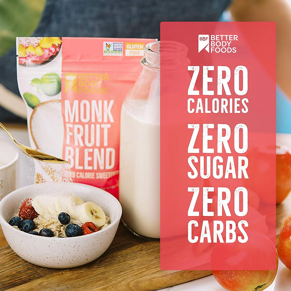 BetterBody Foods Monk Fruit Sweetener Blend, Raw Cane Sugar Substitute, Zero Calorie, Keto Diet Friendly, Zero Net Carbs, Zero Glycemic, Baking, Extract, Sugar Replacement, 1lb, 16 oz