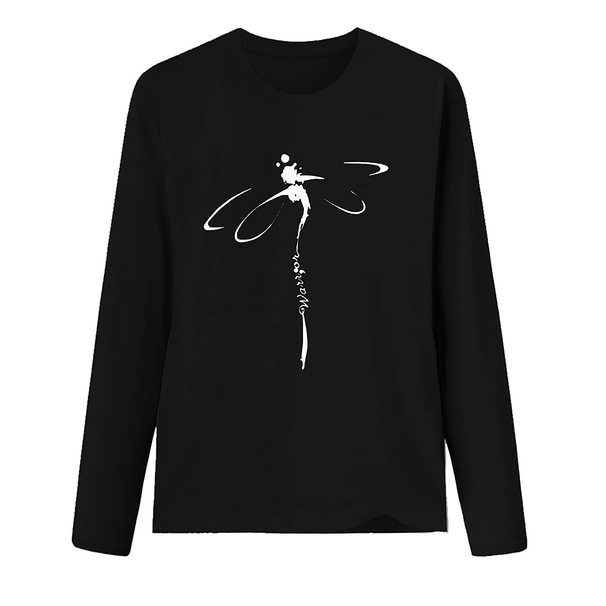 YSLMNOR Womens Long Sleeve Tops Dragonfly Printing T-Shirts Basic Round Neck Pullover Fall Blouse Casual Shirts Black