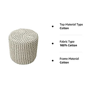 REDEARTH Cylindrical Hand Knitted Pouf - Foot Stool Ottoman - Cord Boho Pouffe - Cotton Round Poof for Home Decor - Living Room - Nursery - Bedroom - Patio (16" x 16" x 16") - Ivory