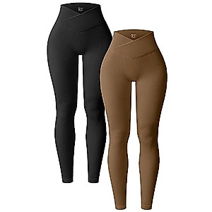 OQQ Women's 2 Piece Yoga Legging Ribbed Seamless Workout High Waist Cross Over Athletic Exercise, Black,coffee, Medium