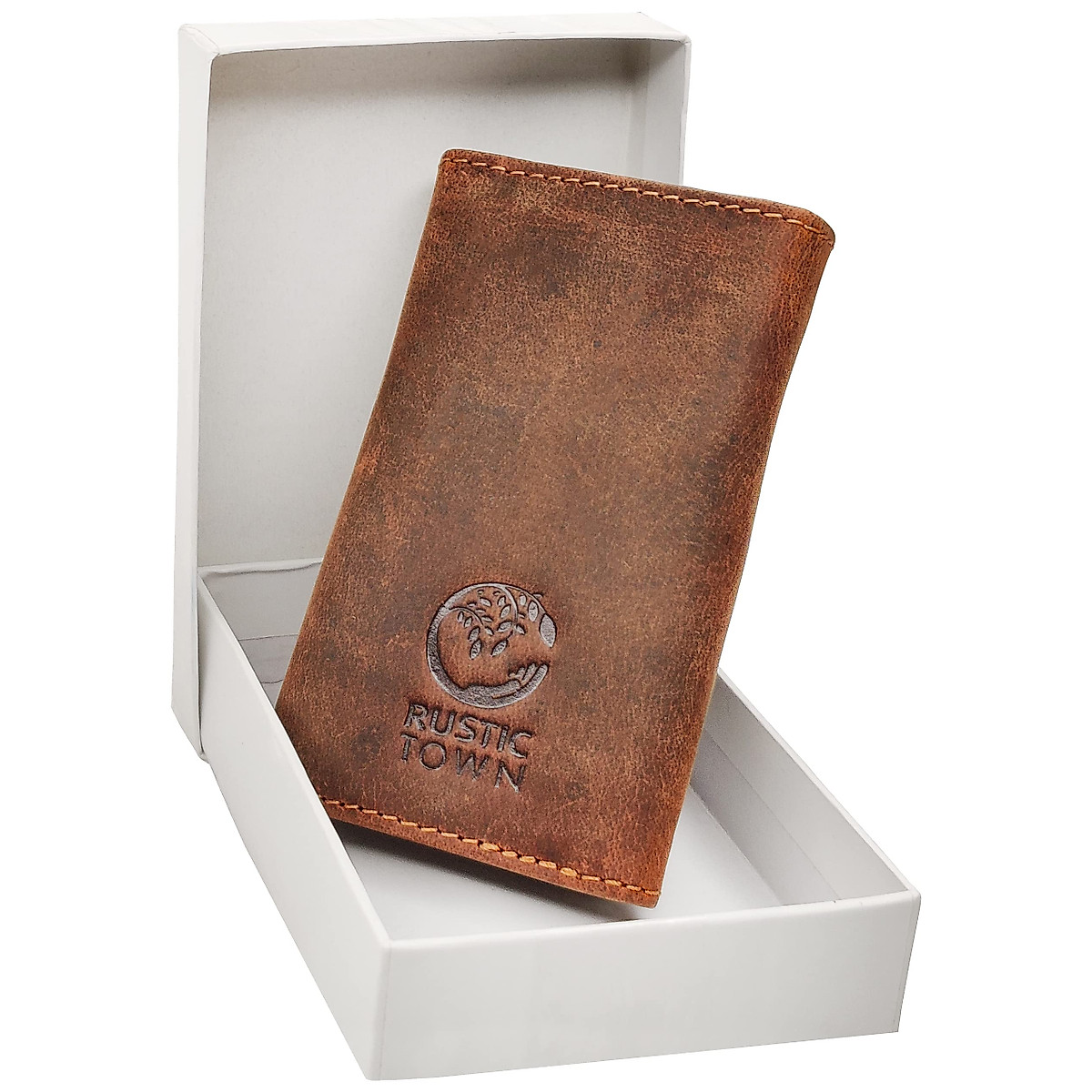 RUSTIC TOWN Slim Compact Leather Key Holder Wallet Pouch Gifts Him Her Men and Women (Brown)